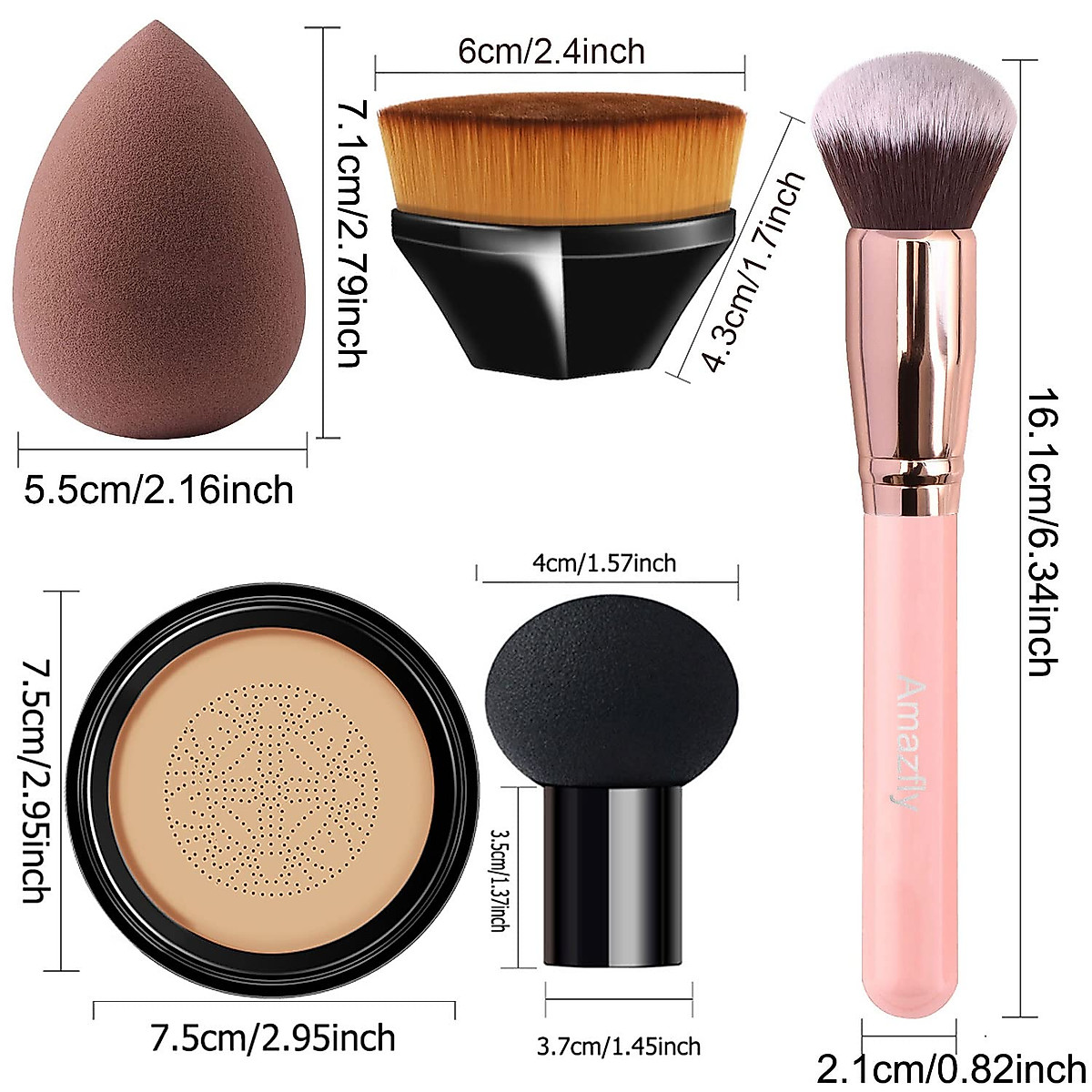 Air Cushion CC Cream Mushroom Head Foundation, 2 PCS Amazfly Moisturizing BB Cream Face Primer Makeup Long Lasting Matte Concealer Bright Makeup Base Long Lasting with Mushroom Makeup Sponge and Powder Brush (Natural+Face Primer)