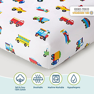 Wildkin Kids 100% Cotton Toddler Sheet Set for Boys & Girls, Bedding Set Includes Top Sheet, Fitted Sheet, Standard Pillow Case, Bed Sheet Set for Cozy Cuddles (Trains, Planes, & Trucks)