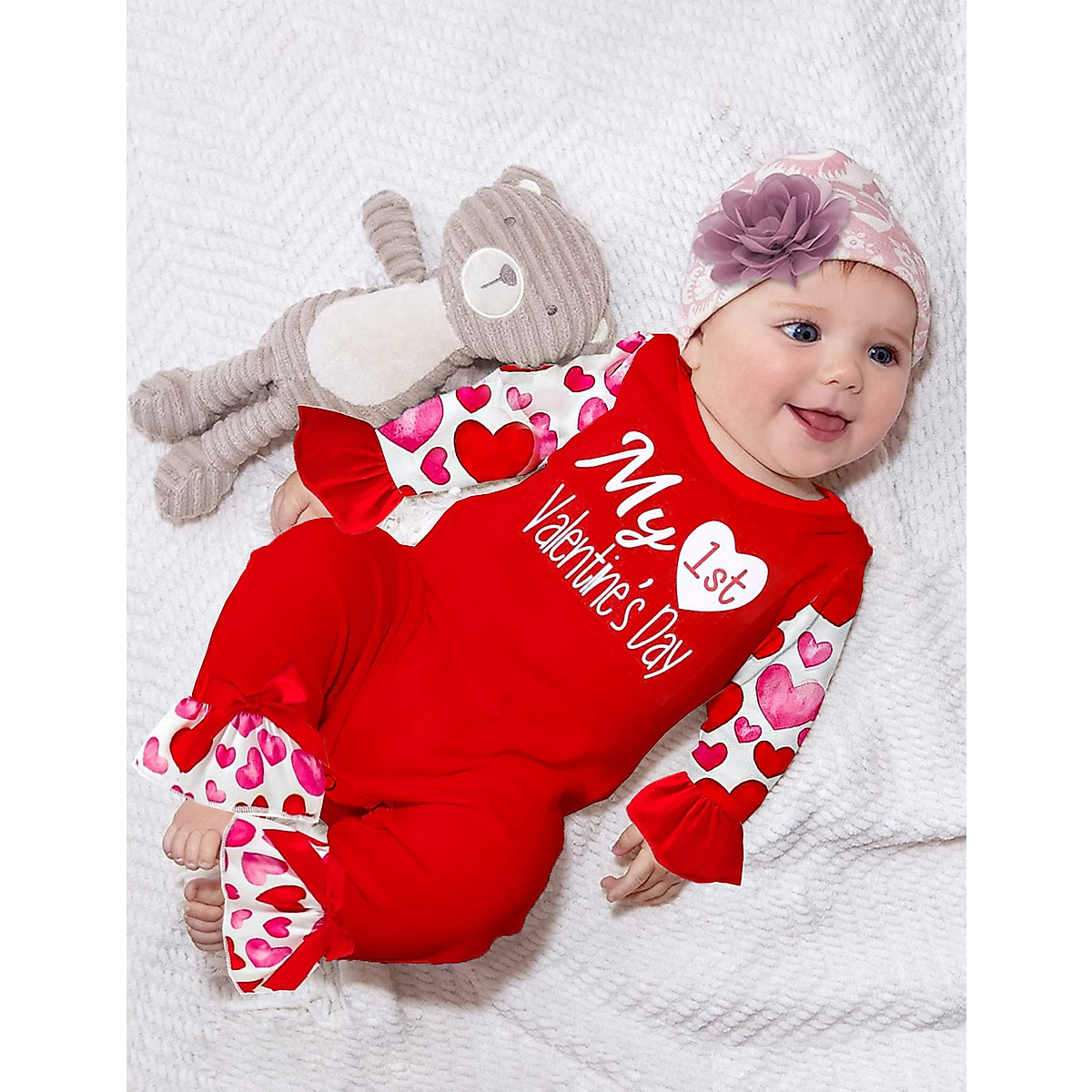Valentines Baby Girl Outfit, 0-3 Months My First Valentines Day Baby Girl Outfit Letter Printed Long Sleeve Romper Ruffle Jumpsuits with Headband 2Pcs Set