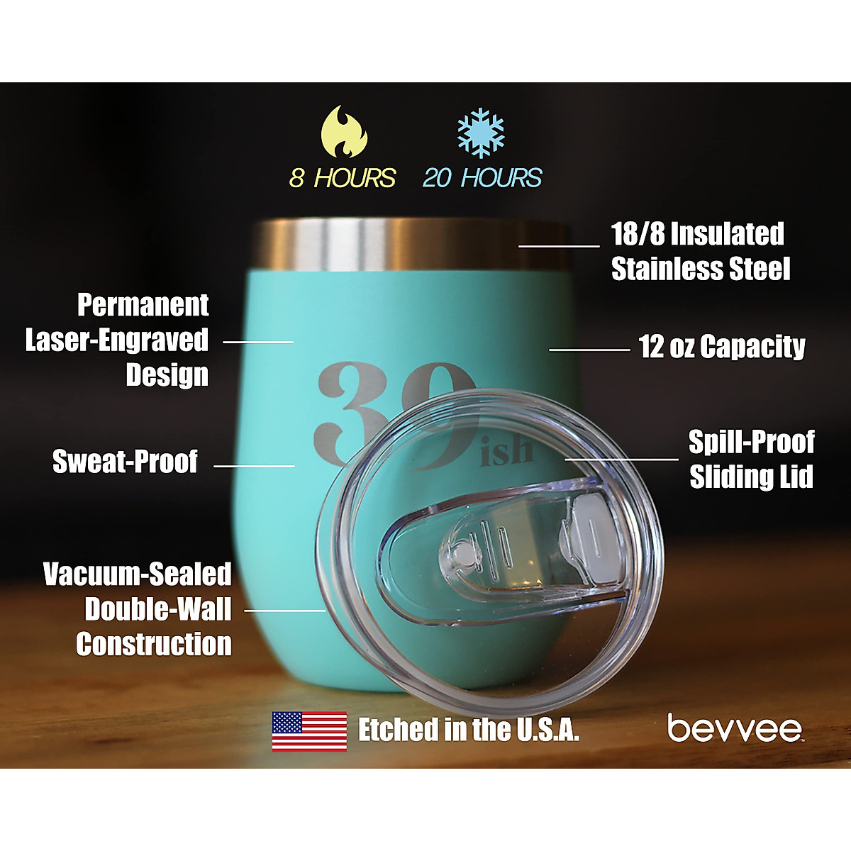 39ish - Funny 40th Birthday Wine Tumbler Glass with Sliding Lid - Stainless Steel Insulated Mug - Bday Party Decorations for Women Turning 40 - Teal