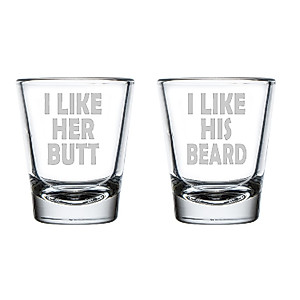 Alankathy Mugs Shot glass set for married couple wifey hubby wife husband mother father (1.5OZ I LIKE HER BUTT HIS BEARD)