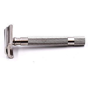 Parker THE SEMI SLANT, Double Edge Safety Razor and 5 Parker Blade Refills - Electroplated Satin Chrome Solid Brass Handle - Delivers a Barbershop Shave at Home