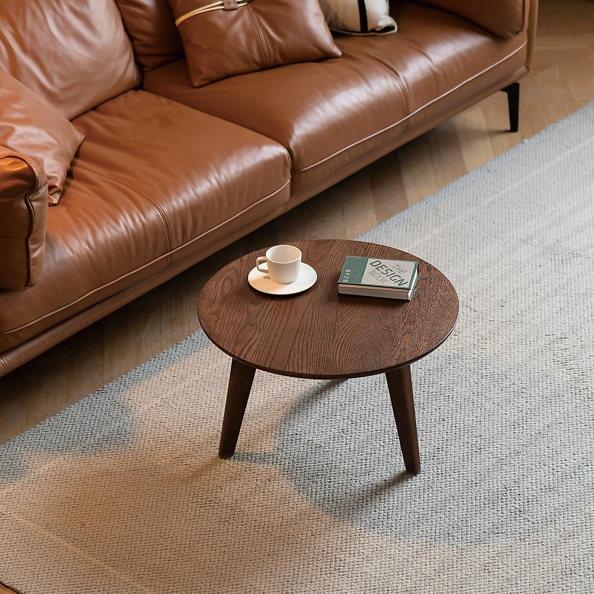 Grewood Round Coffee Table - 100% Solid Oak Wood Coffee Table with Three-Legged - Small End Table, Round Side Table for Living Room (Walnut Color)
