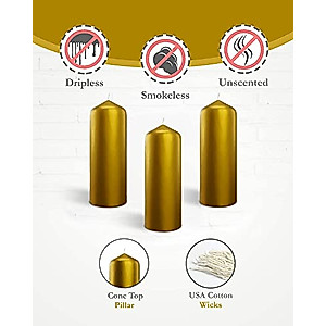 Metallic Cone Top Pillar Candles by Bask - Set of 3-3" x 6" Dripless Unscented Holiday Candles in Metallic Gold for Home Decor, Relaxation & All Occasions