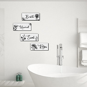 4 Pieces Bathroom Wall Art Rustic Farmhouse Decor Sign Relax Soak Unwind Breathe Wood Hanging Sign for Home Spa Bathroom Laundry Decor