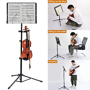 Klvied Sheet Music Stand with Violin Hanger, Folding Music Stand, Portable Fortable Music stand for Sheet Music, Violin Music Stand with Travel Case, Light, Black