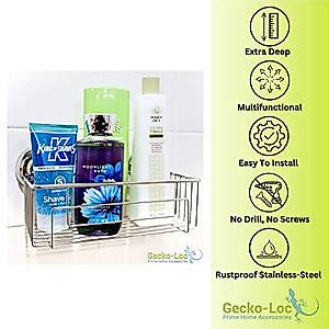 Gecko-Loc Large Deep Suction Cup Bathroom Shower Caddy Storage Basket Organizer – Silver
