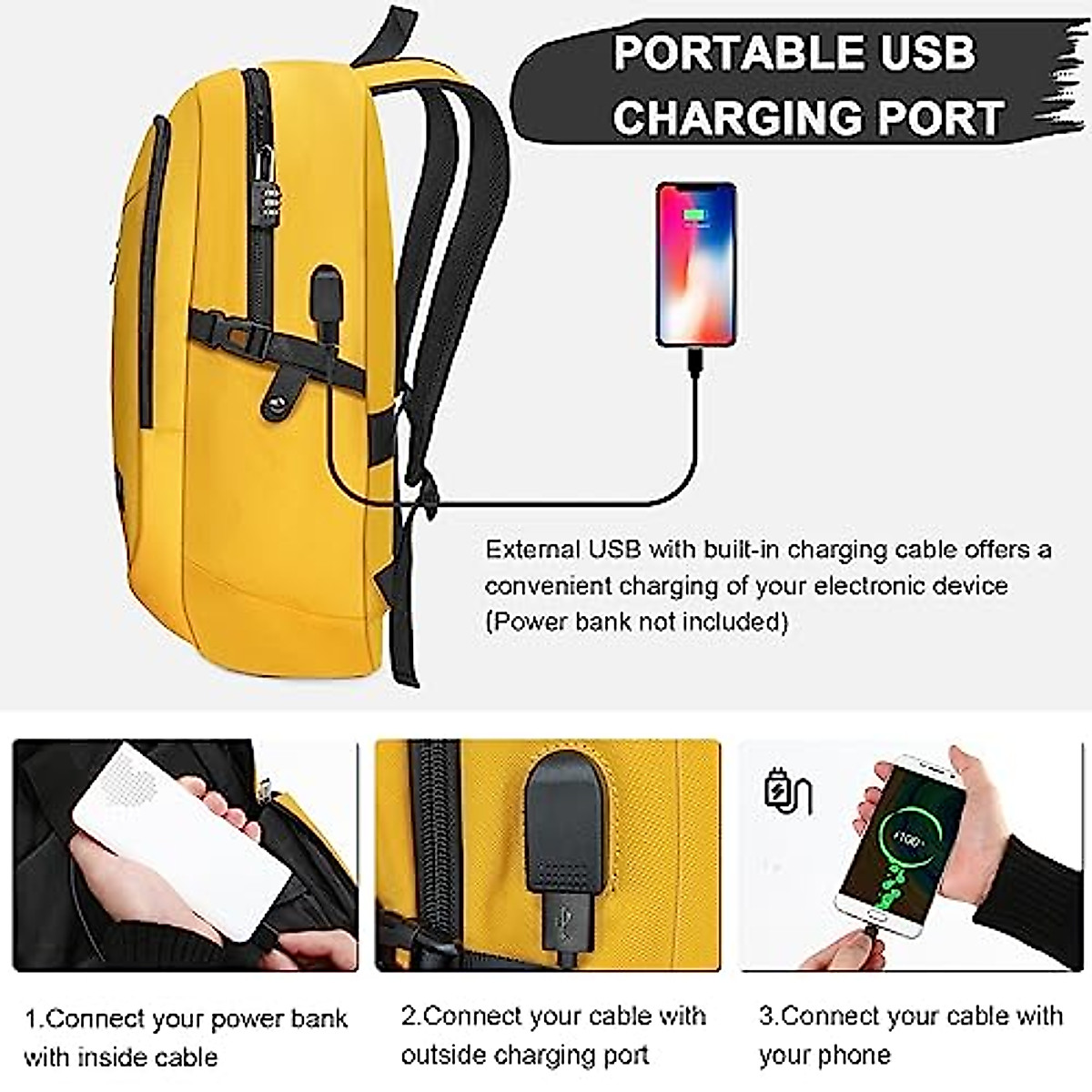 Mancro Travel Laptop Backpack, 15.6 in Anti Theft Backpack for Women Men with USB Charging Port, Water Resistant Computer Backpack Backpack Gift, Yellow