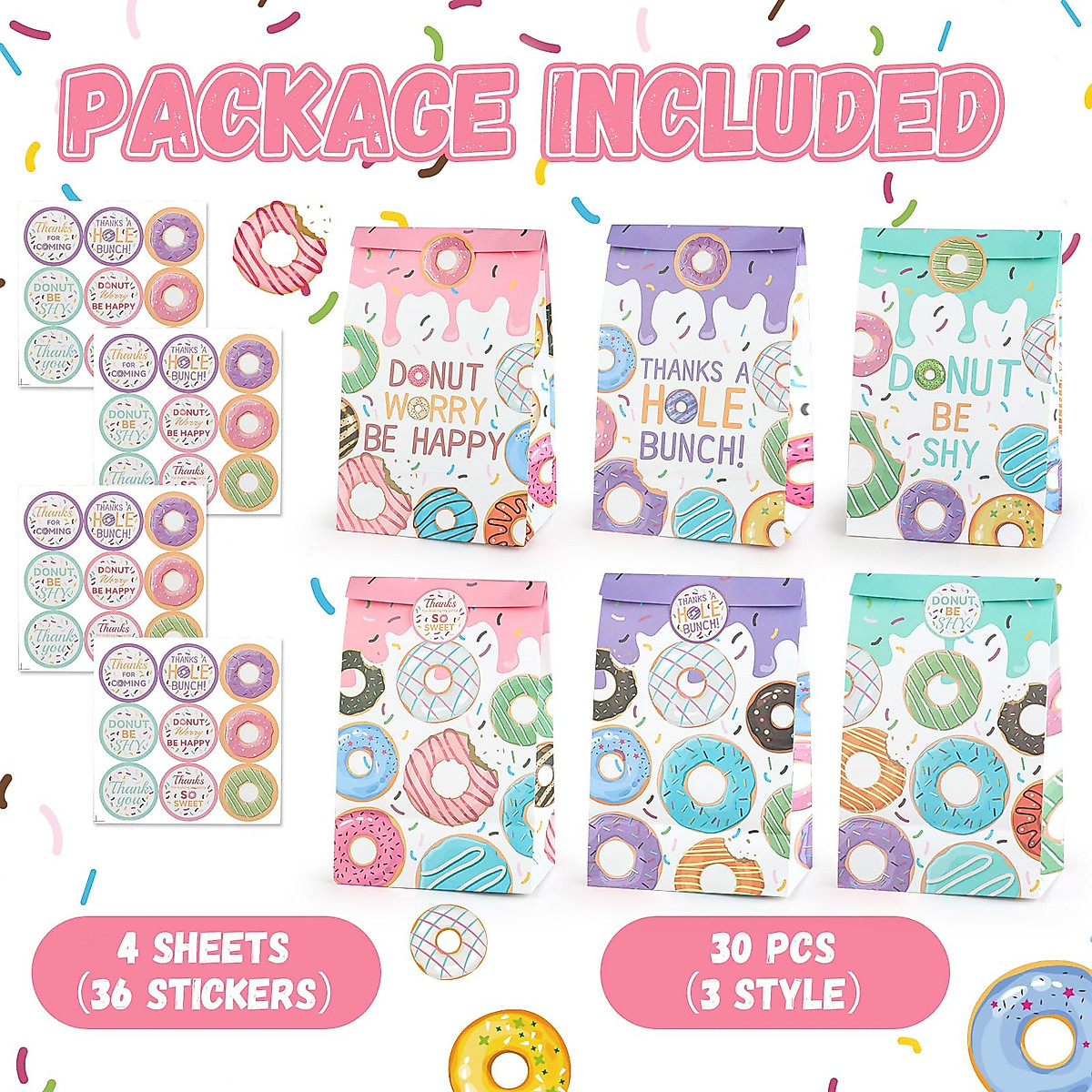 30 PCS Donut Party Favor Candy Bags with 36 Stickers, Sweet one two Birthday Party Decorations, Donut Candy Goodie Bags for Girls Kids Birthday Party, Baby Shower, Weddings, Valentines, Halloween