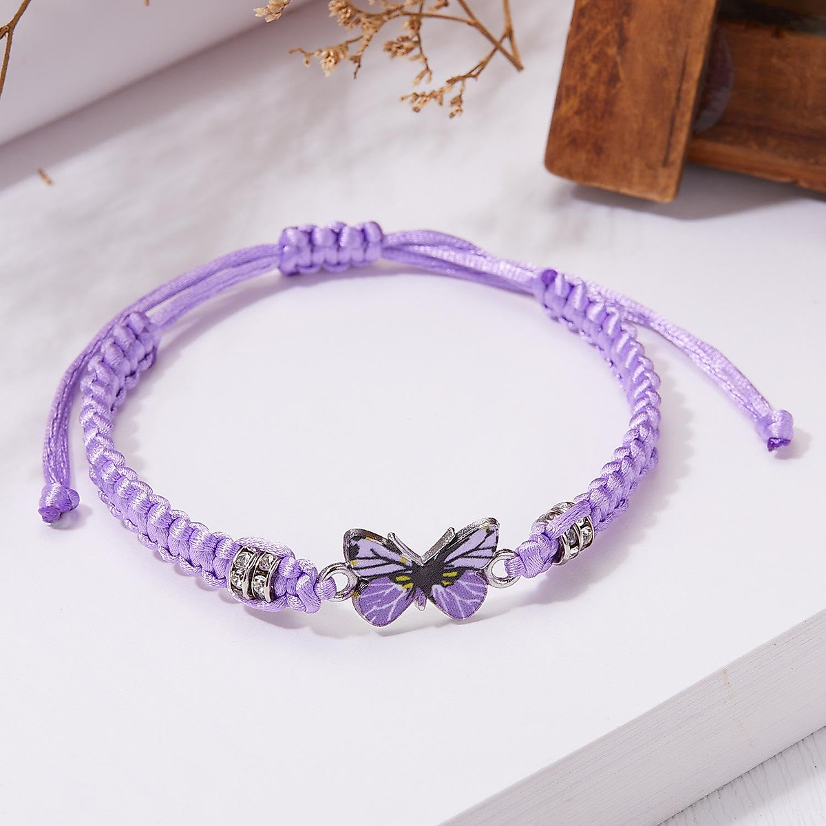 Meztole Always Believe in Yourself Butterfly Bracelet Adjustable String Butterfly Charm Purple Bracelets for Women,Hand Woven Lucky Bracelet Butterfly Jewelry Friendship Bracelet for Women (Purple)