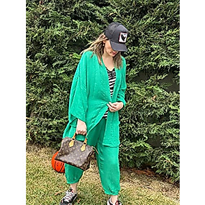 H&L Moda Women's Linen 2 Piece Outfits - Cropped Tank Top and Loose Fit Drawstring Pants Set (Green, L-XL)