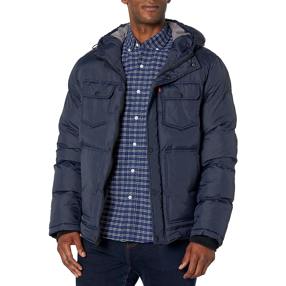 Levi's Men's Performance Hooded Puffer Trucker Jacket (Regular & Big & Tall Sizes), Navy Solid, M