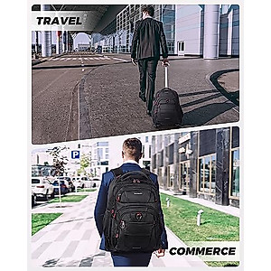 BAGSMART Rolling Backpack, Large Laptop Backpack with Wheels for Adults, Water-Resistant Rolling College Backpack with Telescoping Handle for Work Travel Business, Black