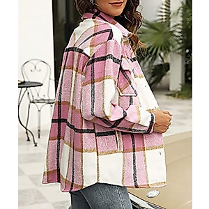AUTOMET Womens Pink Jacket Casual Plaid Shacket Cute Long Sleeve Shirt Fall Jacket Shackets