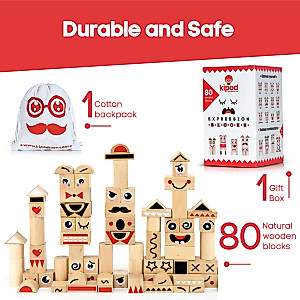 kipod Wooden Building Blocks Set for Kids (80Pcs) – Preschool Blocks Stacking Game – Construction and Matching for Emotional Development and Fine Motor Skills - Montessori Toy 2-8 Years