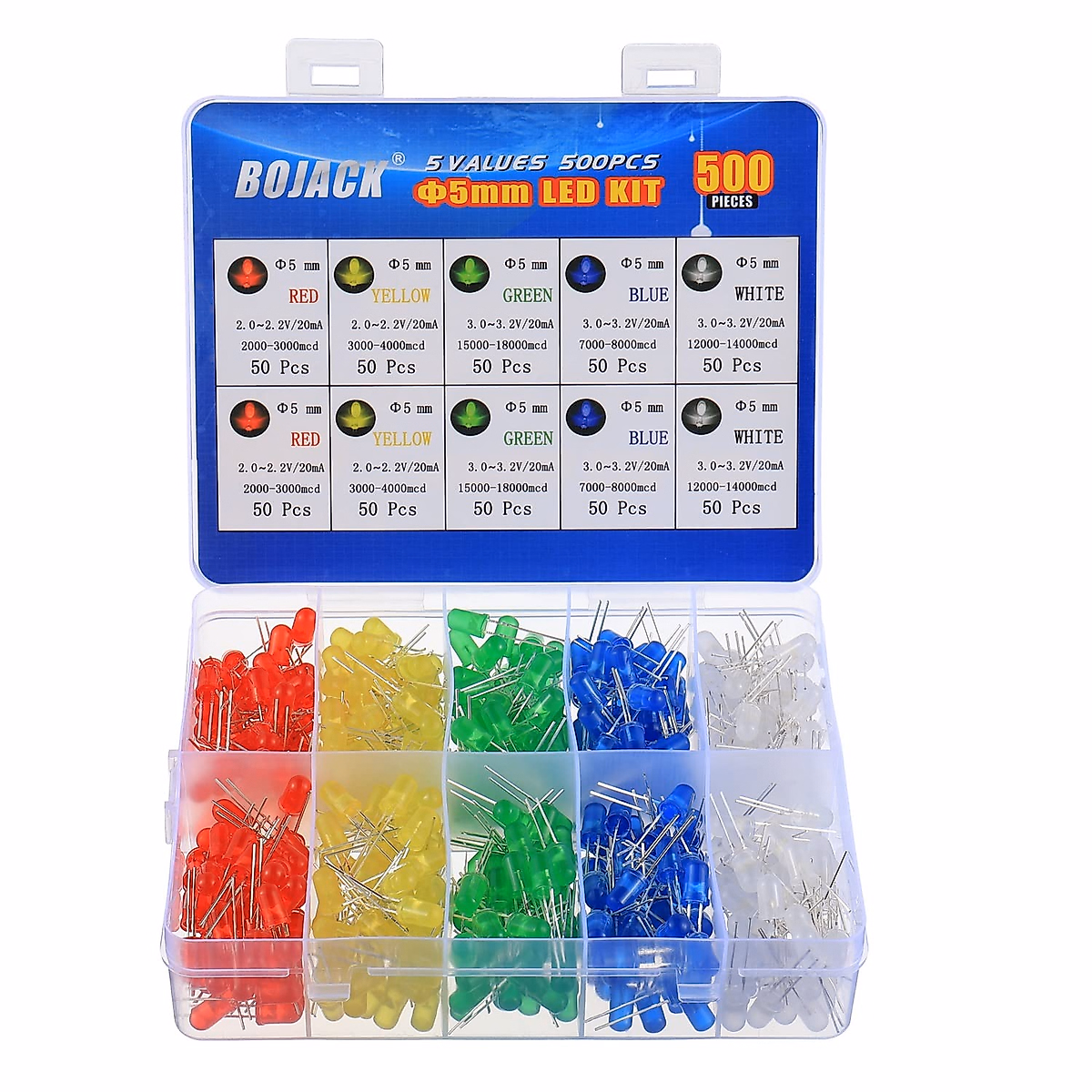 BOJACK 5 Colors 500 pcs 5mm LED Diode Lights Assored Kit Pack Bright Lighting Bulb Lamps Electronics Components 5 mm Light Emitting Diodes Parts