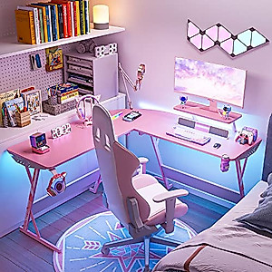 MOTPK Pink Gaming Desk with LED Lights, Carbon Fiber L Shaped Gaming Desk, Corner Gaming Table L Shape, Gamer Desk with Monitor Stand & Cup Holder & Headphone Hook, 51 Inch, for Women & Girls Gift