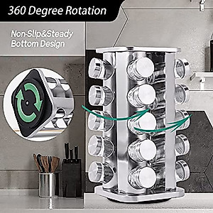 Brimeaws Revolving Spice Rack, Spice Rack Organizer for Cabinet, 20 Jar Rotating Seasoning Organizer Rack Tower Spinning Organizer with 180pcs Reusable Labels & Silicones Funnel for Kitchen
