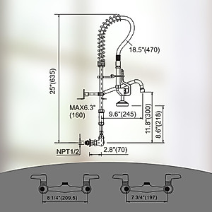 Commercial Kitchen Faucet with Sprayer, Pre-Rinse Wall Mount Kitchen Sink Faucet 25" Height Kitchen Tap with 9.6" Add-on Swing Spout for Restaurant