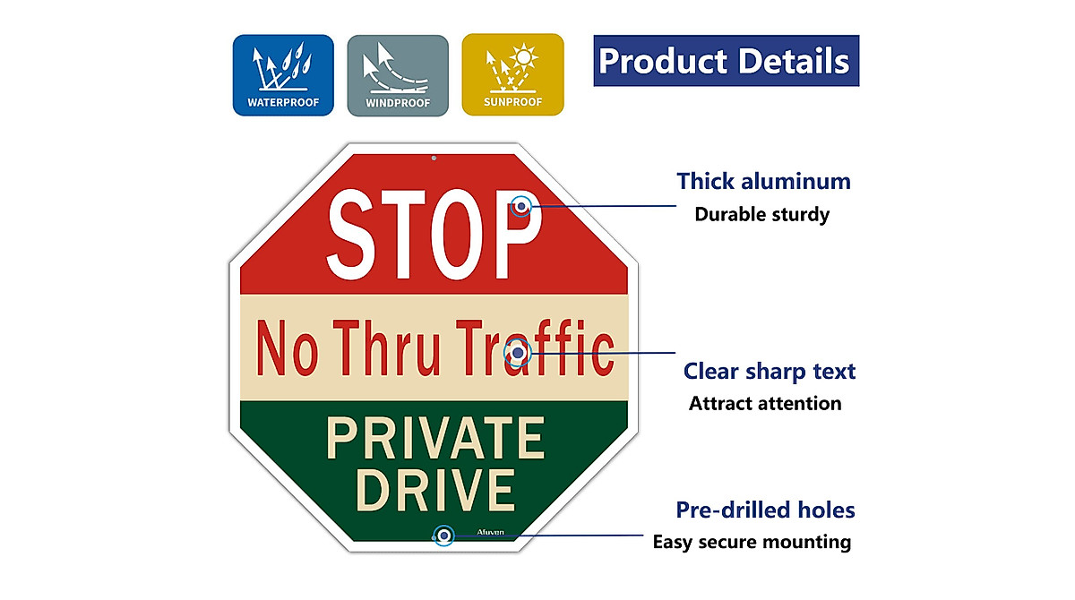 Stop No Thru Traffic Sign - Durable & Reflective 12" x 12"