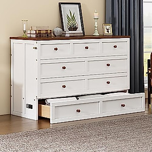 Melpoemene Murphy Bed Chest with Charging Station,Queen Size Murphy Cabinet Bed with 2 Drawers,White+Walnut