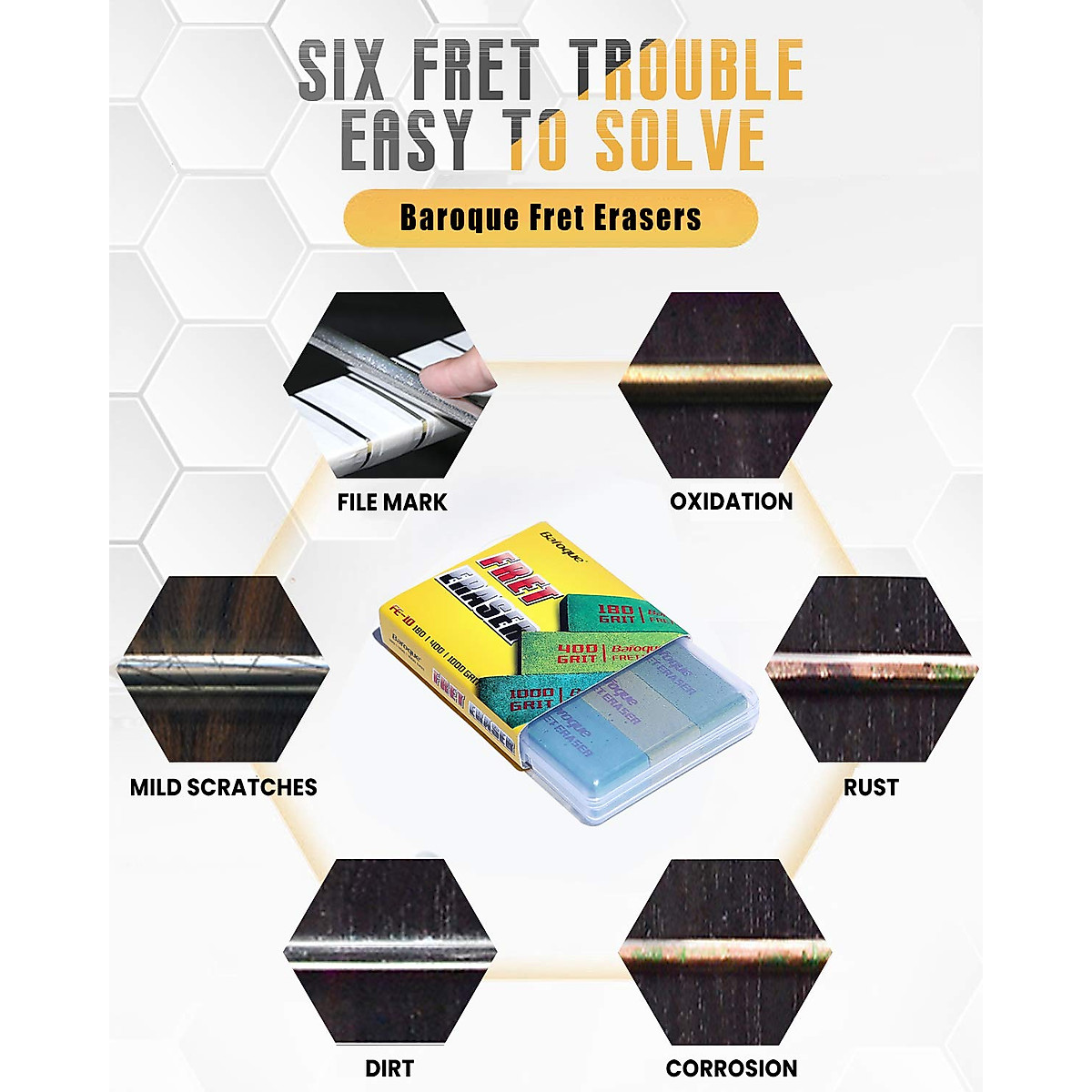 Baroque Fret Erasers for Guitar, Fret Polishing Cleaner, Frets Polish Tools Kit, Clean Fret Wire/String/Metal, Set of 3 (180& 400& 1000 Grit)