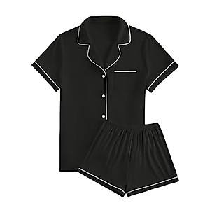 Umenlele Women's 2 Piece Pajama Set Short Sleeve Soft Sleepwear Button-Down Loungewear Black# Small