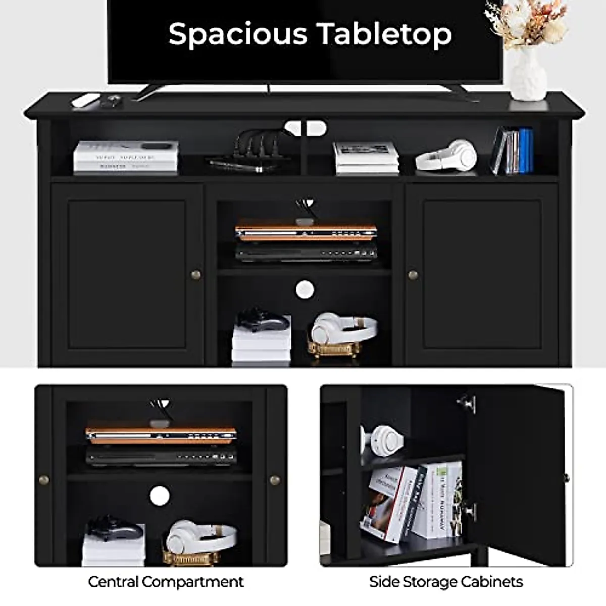 Yaheetech Black TV Stand with Doors for TVs up to 65 in, Modern TV Console with Power Outlet & Storage Shelf, Mid-Century Entertainment Center for Living Room, 31 in Tall