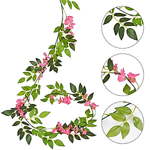Dolicer 4Pcs 6.6Feet Artificial Flowers Silk Wisteria Garland Artificial Wisteria Vine Rattan Silk Hanging Flower for Home Garden Outdoor Ceremony Wedding Arch Floral Decor, Purplish Red
