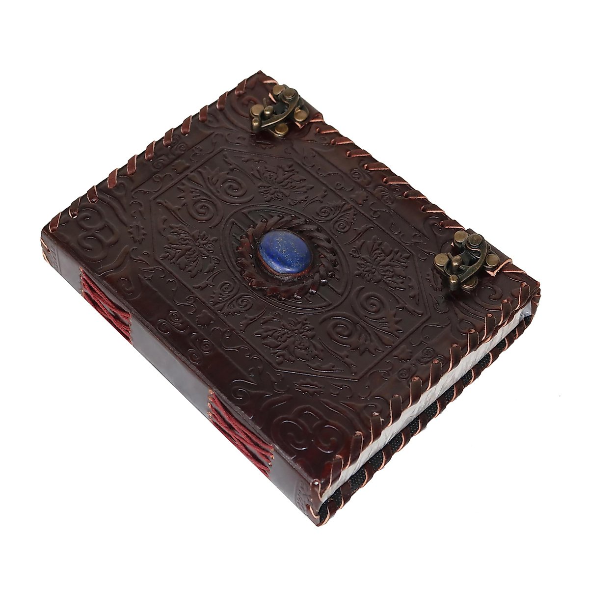 8" Leather Journal with string closure & stone Writing Pad Blank Notebook Handmade Notepad For Men & Women Unlined Paper Art Sketchbook Travel Diary To Write Book Of Shadows Refillable Grimoire Large