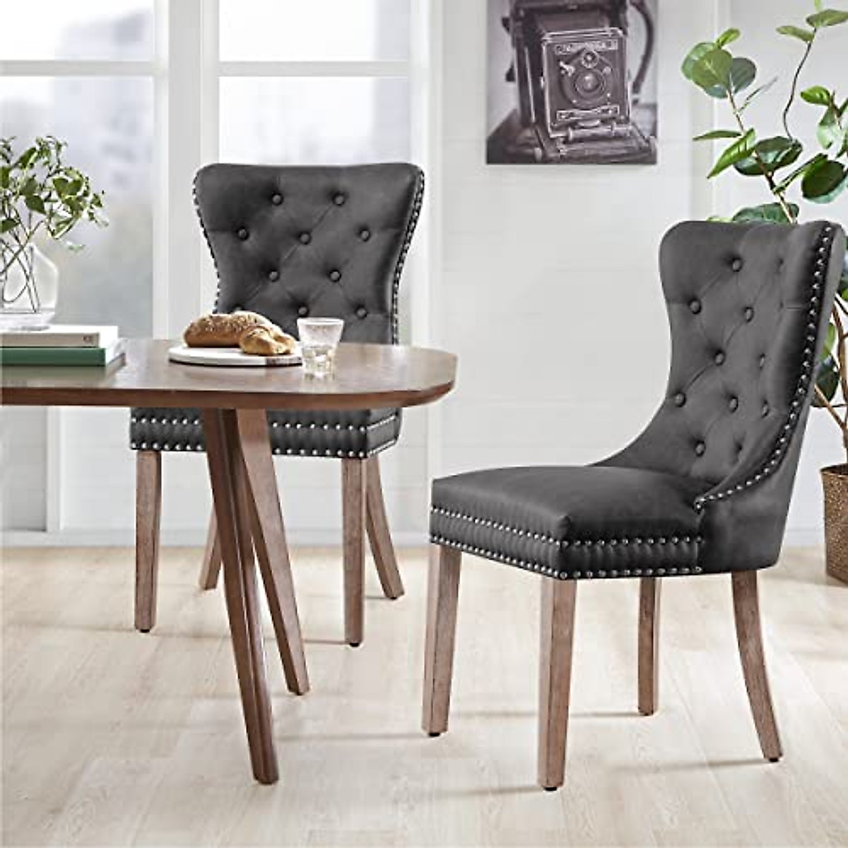 subrtex Dining Set Parsons Chairs, Large Set of 2, Tufted Leather/Grey