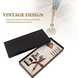 Feather Pen and Ink Set, Glittering Quill Pen Set Antique Calligraphy Dip Pen with Ink, 2 Replacement Nibs, Pen Stand Base, Luxury Vintage Signature Pen