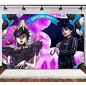 Wednesday Addams Backdrop Birthday Banner Decorations 60x40in Kids Birthday Photography Family Cartoon Happy Birthday Party Supplies,Vinyl 5x3ft