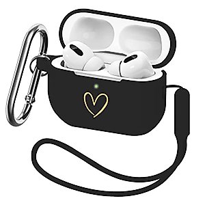AIIEKZ Compatible with AirPods Pro 2 Case Cover 2022, Soft Silicone Case with Gold Heart Pattern for AirPods Pro 2nd Generation Case with Keychain/Lanyard (Black)