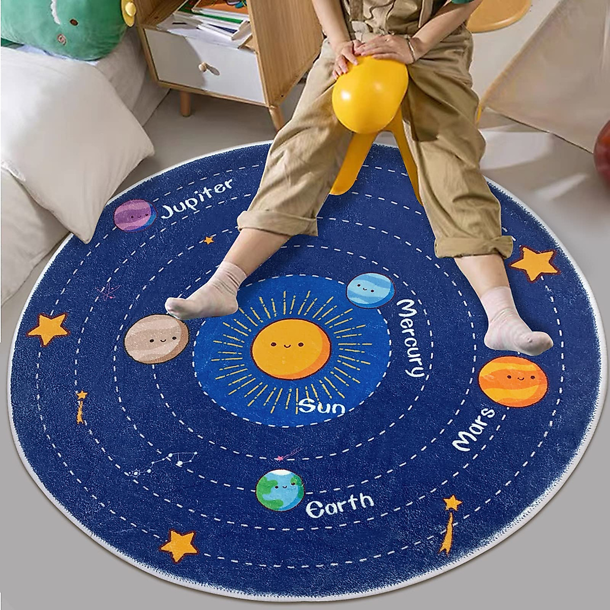 Solar System Kids Area Rug Nursery Rug Educational Galaxy Mat Learning Soft Carpet Non Skid Crawling Play Rug Boys Activity Mat for Toddler Bedroom Playroom (Round 31.5'' Blue)