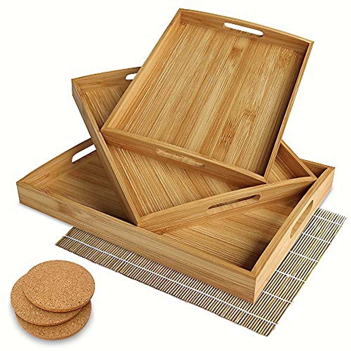 Set of 3 Large Bamboo Serving Trays – Large Serving Tray with Handles – Coffee Table Tray – Food Tray – Bed Tray