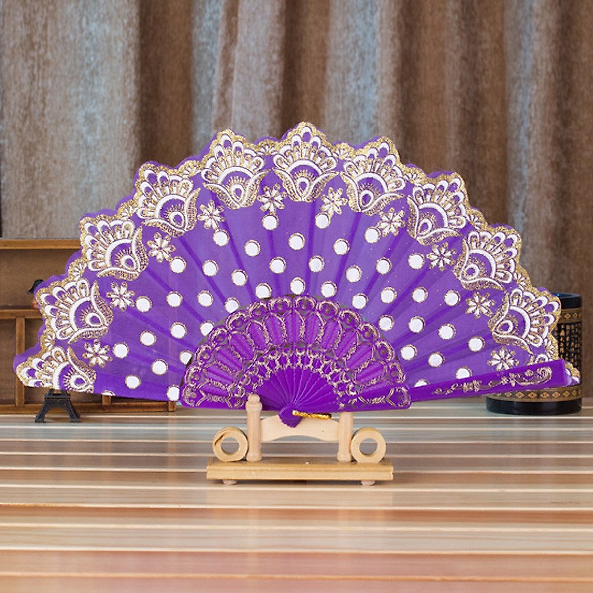 DUO ER Chinese/Spanish Style Dance Wedding Party Lace Silk Folding Hand Held Flower Fan (Color : Blue)