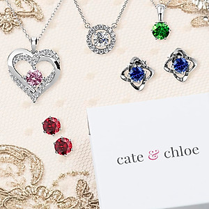 Cate & Chloe February Birthstone Stud Earrings | 18k White Gold Plated with Solitaire 1ct Amethyst Gemstone Crystals | Round Cut Crystal Earring Set for Women, Hypoallergenic, Gift For Her