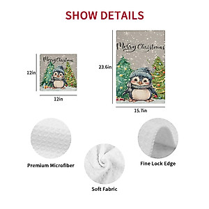 Onekaccu Christmas Dish Towels Set, Waffle Weave Kitchen Towels Microfiber Towels Cleaning Penguin Xmas Tree Snowflake Gray Painting Soft Absorbent Dish Drying Towels Hand Towels 2 Pack 12x12 in
