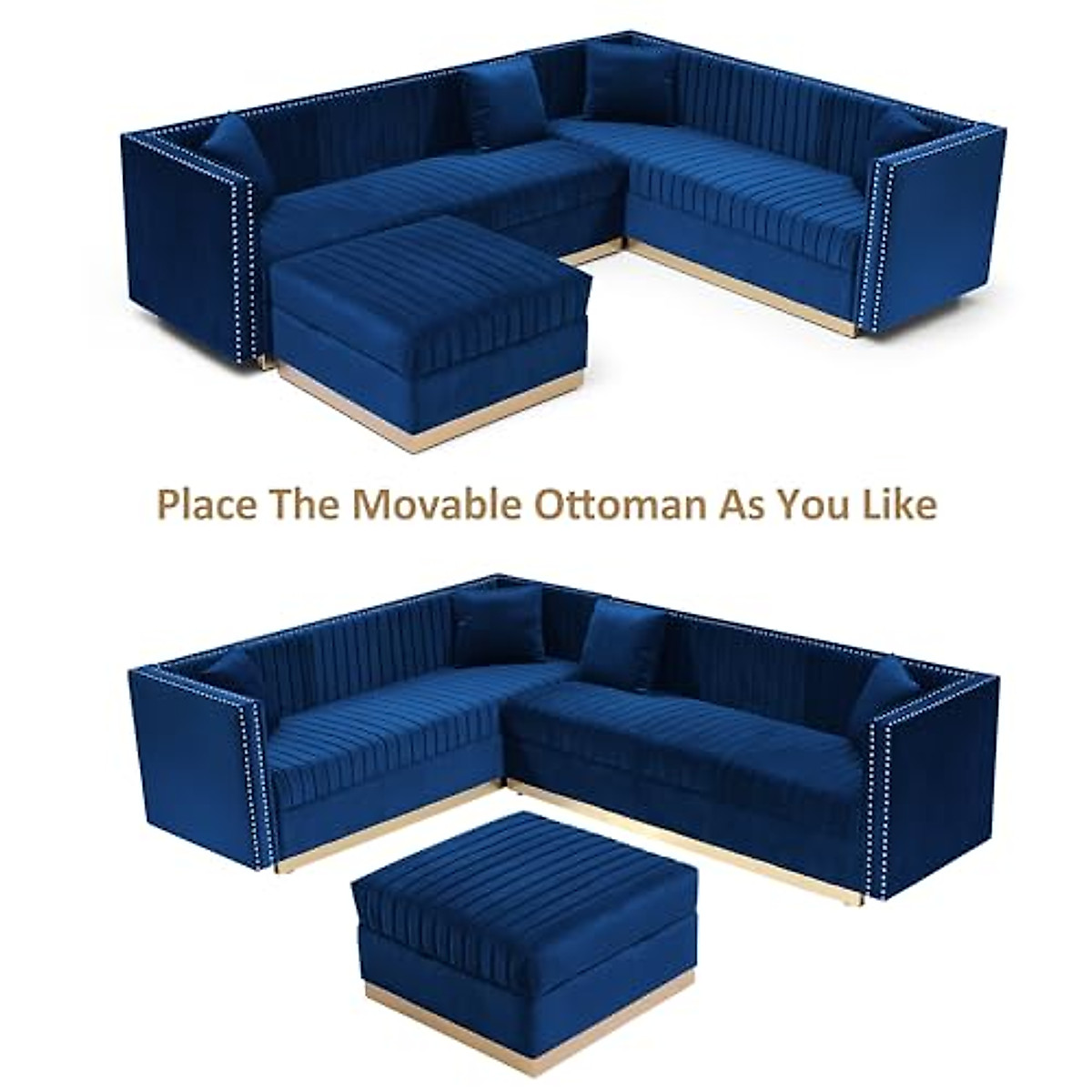 GNIXUU Convertible 6 Seater U Shaped Corner Sofa, L Shaped Sectional Couch Set with Ottoman, 2 Pieces 3 Seat Velvet Couches for Living Room, Large Space, Blue