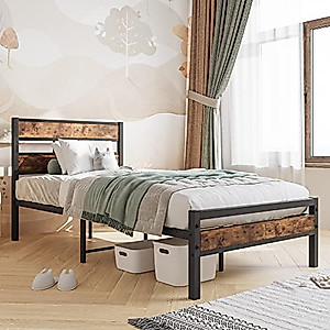 HOJINLINERO Twin Bed Frames with Wood Headboard,Platform Bed Frame Twin No Box Spring Needed,Heavy Duty Steel Slats, More Sturdy, Noise-Free,Rustic Brown