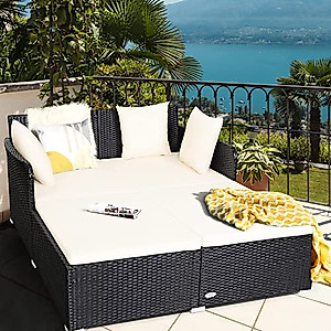 Salches Outdoor Rattan Daybed, Patio Loveseat Sofa Set w/Comfortable Cushions, Extra Pillows & Metal Foot, Sunbed Wicker Furniture for Yard/Poolside/Living Room/Garden/Porch (White)