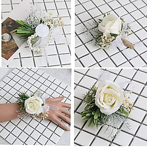 DearHouse 2 Pack Boutonniere Buttonholes and Wrist Corsage Wristband Roses Wrist Corsage, Groom Groomsman Best Man and Girl Brides Rose Wedding Flowers Accessories Prom Suit Decoration