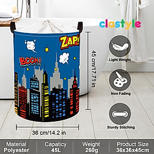 Clastyle 45L Large Blue City Hero Skyline Kid Laundry Hamper with Handle Comic Hero Building Silhouettes Clothes Toy Boys Basket with Lid for Nursery