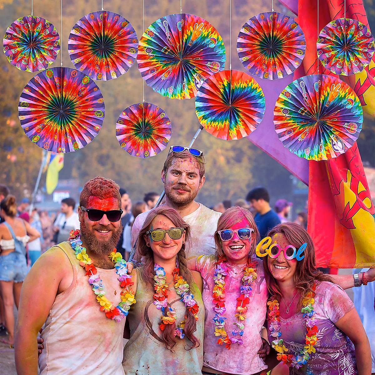 Outus 9 Pcs Tie Dye Party Supplies Groovy Hippie Hanging Paper Fans Classroom Decoration 60s Party Hanging Decoration Peace and Love Sign for Carnival Hippie Groovy Theme Birthday Party Ceiling