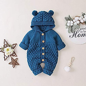 OBEEII Infant Baby Boy Girl Knitted Hoodie Bear Ear Hooded Jumpsuit Overalls Bodysuit Deep Blue 0-6 Months
