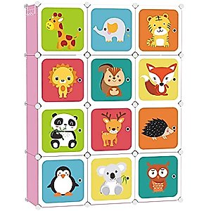 C&AHOME Kids Toy Cartoon Cube Storage Organizer with Doors, 12-Cube Shelves, Closet Cabinet, DIY Plastic Modular Bookshelf Ideal for Bedroom, Living Room, 42”L x 14”W x 56”H Pink UPCS3512P-DOOR