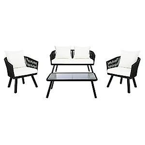 Safavieh Outdoor Collection Belmi Wicker Cushion 4-Piece Rope Patio Backyard Living Set PAT7517B, Black/Beige