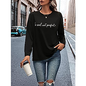 SweatyRocks Women's Crewneck Letter Graphic Loose Long Sleeve T-Shirts Spring Simple Casual Comfy Tee Tops Shirts Black XL