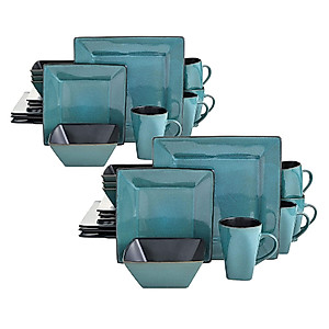 Gibson Elite Kiesling 16 Piece Reactive Glaze Durable Microwave and Dishwasher Safe Plates, Bowls, and Mugs Dinnerware Set, Turquoise (2 Pack)